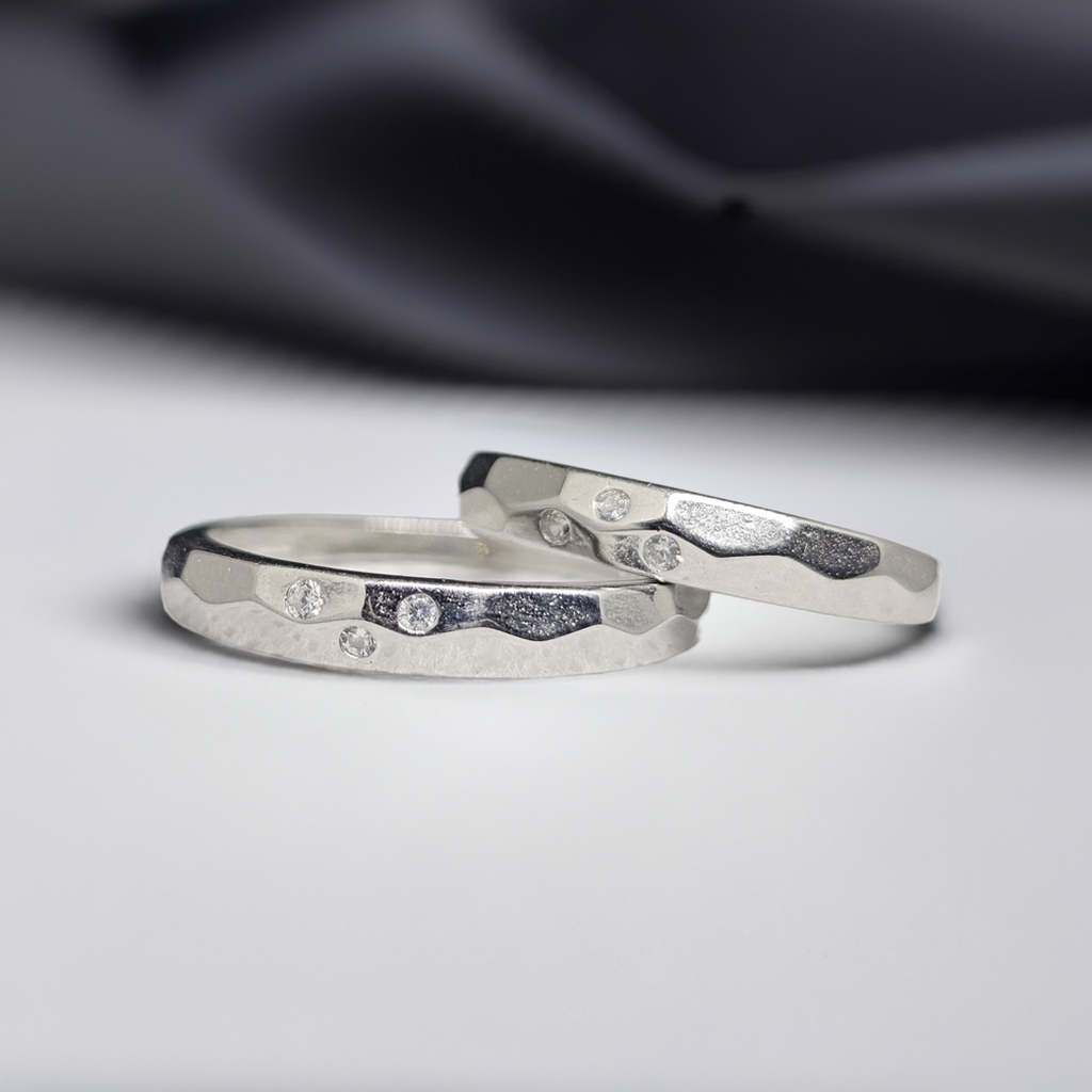 Textured Silver Couple Rings with CZ Accents - Modern Romance -SilverCarats